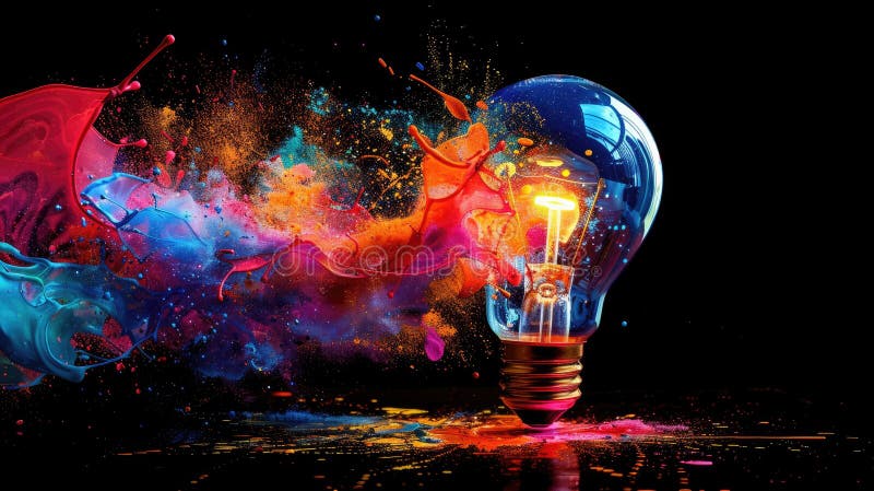 Creative Light Bulb Explodes with Colorful Paint and Colors Stock Photo ...