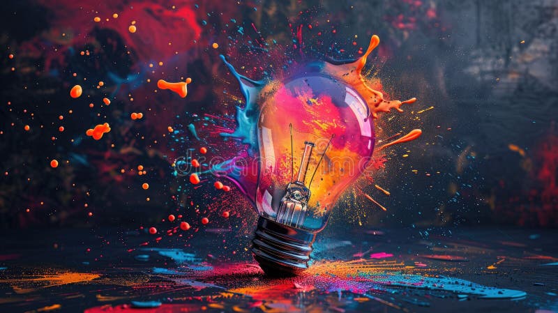 Creative Light Bulb Explodes with Colorful Paint and Colors Stock Image ...