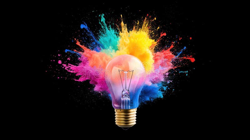 Creative Light Bulb Explodes with Colorful Paint and Splashes on a ...