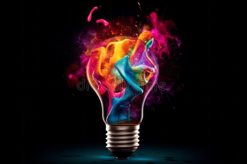 Creative Light Bulb Explodes with Colorful Paint and Splashes on a Dark ...