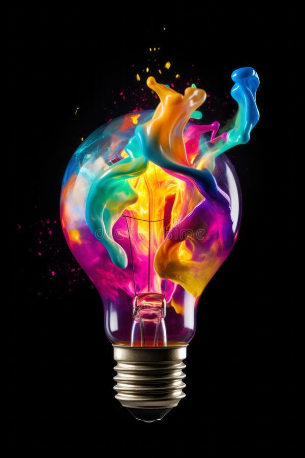 Creative Light Bulb Explodes with Colorful Paint and Splashes on a Dark ...
