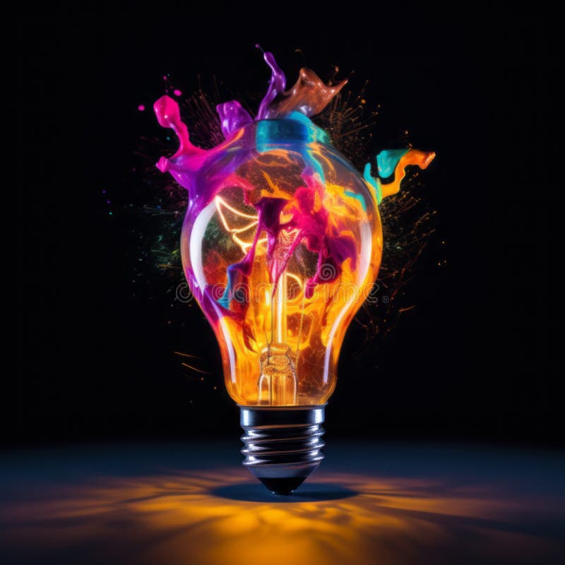 Creative Light Bulb Explodes with Colorful Paint and Splashes on a Dark ...