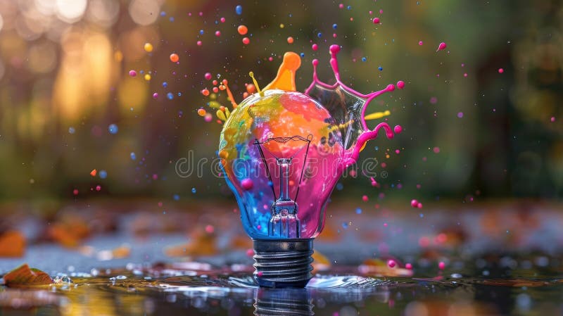 Creative Light Bulb Explodes with Splashes of Multi-colored Paint Stock ...