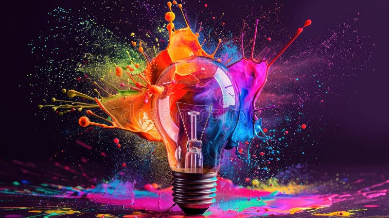 Creative Light Bulb Explodes with Splashes of Multi-colored Paint Stock ...