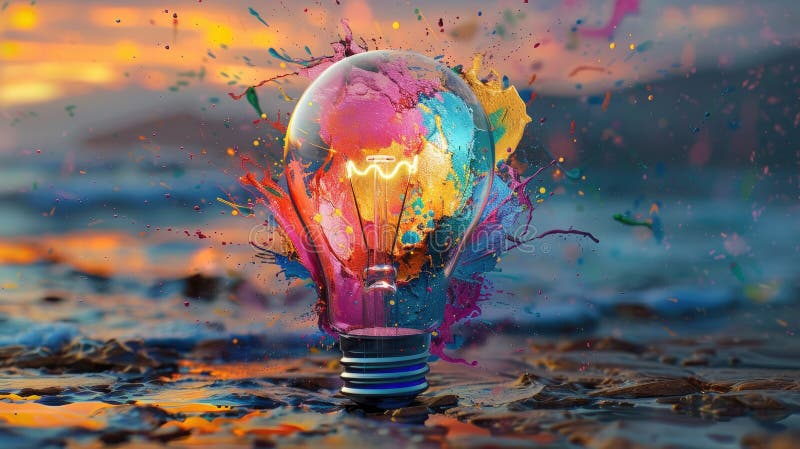 Creative Light Bulb Explodes with Splashes of Multi-colored Paint Stock ...