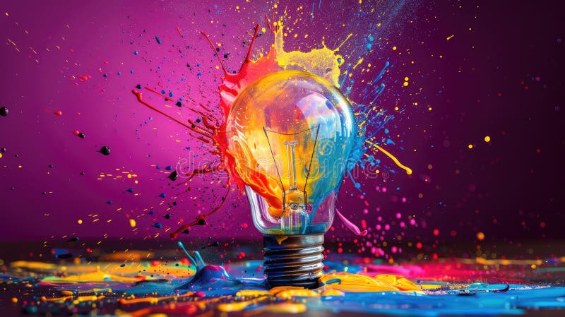 Creative Light Bulb Explodes with Splashes of Multi-colored Paint Stock ...