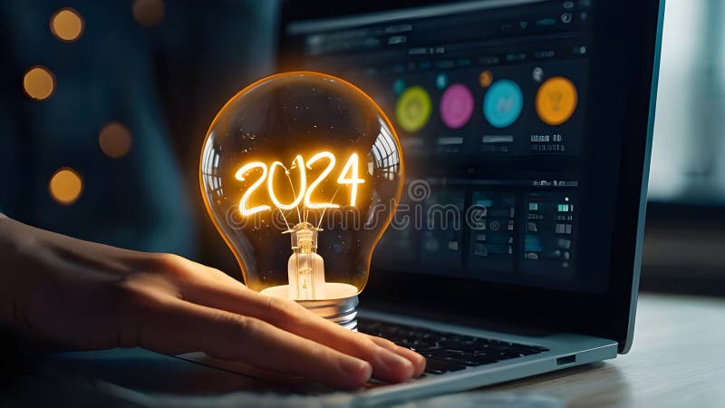 Creative Light Bulb Idea 2024 New Year with Female Hand Working on ...