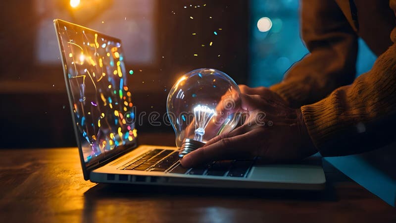 Creative Light Bulb Idea 2024 New Year, with Man Hand Working on Laptop ...