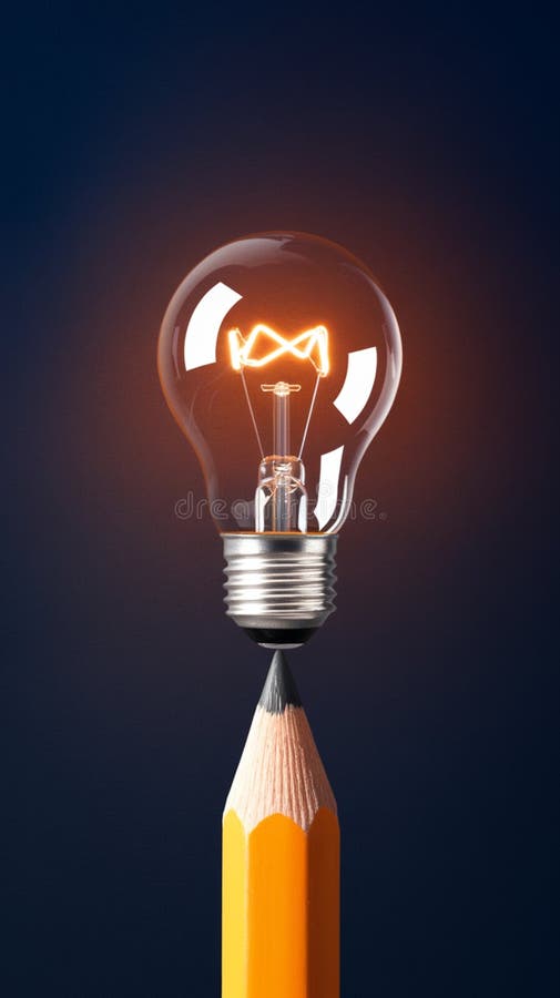 Creative Light Bulb Atop a Pencil Shines Brightly Against Deep Blue ...