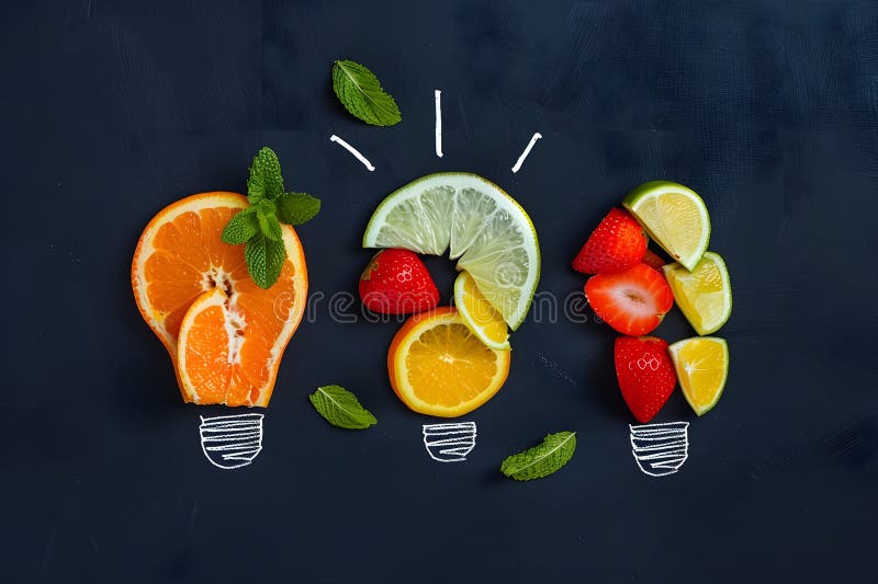 Creative Light Bulb Made of Fruit Slices on Dark Background Stock ...
