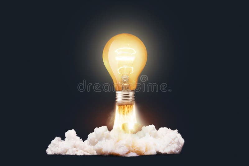 Creative Light Bulb Rocket with Blast and Clouds Takes Off on a Dark ...