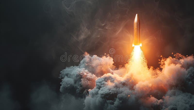 Creative Light Bulb Rocket with Blast and Smoke Takes Off on Black ...