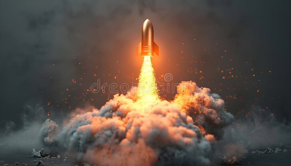 Creative Light Bulb Rocket with Blast and Smoke Takes Off on Black ...