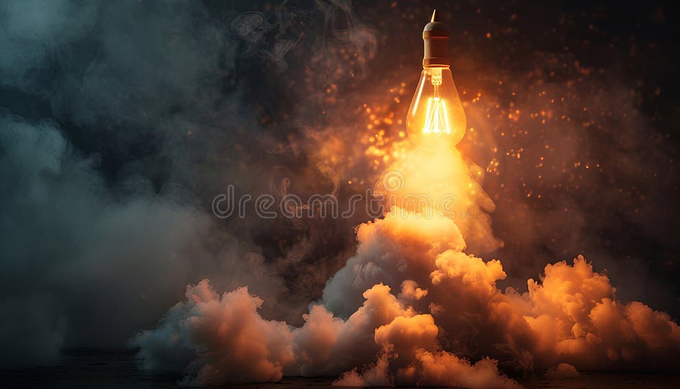 Creative Light Bulb Rocket with Blast and Smoke Takes Off on Black ...