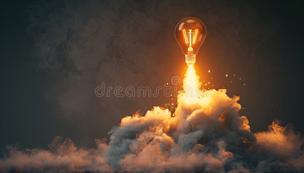 Creative Light Bulb Rocket with Blast and Smoke Takes Off on Black ...