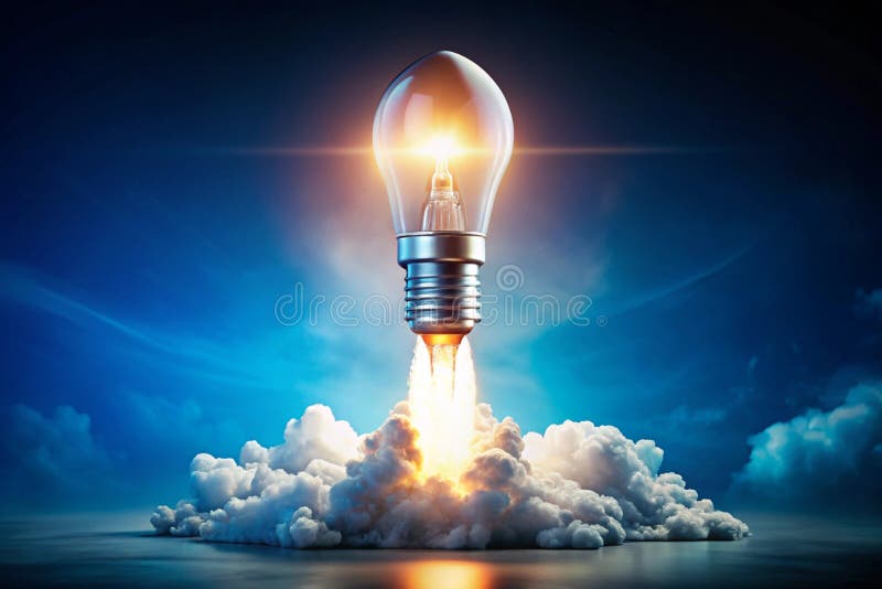 Creative Light Bulb Rocket Launch on Blue Background Stock Illustration ...
