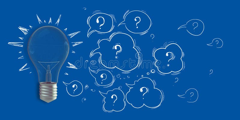 Creative Light Bulb Sketch with Questions on Blue Backdrop. Idea ...