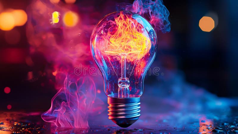 Creative Lightbulb with Fire and Neon Effects Stock Image - Image of ...
