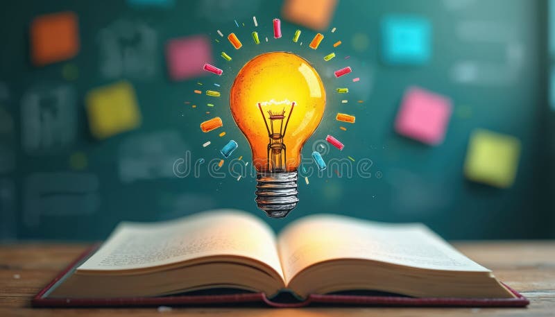 Creative Lightbulb Illustration Shines Above Open Book in Front of Dark ...