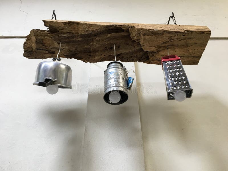 Creative Lighting Decor Using Recycled Kitchen Utensils and Wooden Beam ...