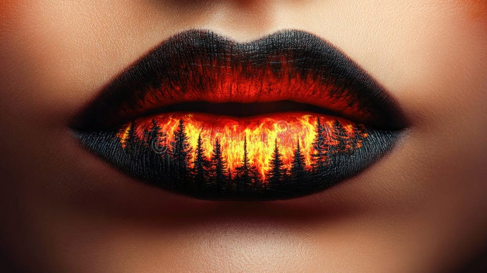Creative Lips with Fire and Forest Illustration Stock Illustration ...