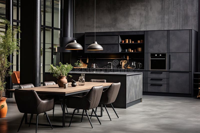 Creative Loft Black Kitchen Studio Inteior with Furniture and ...