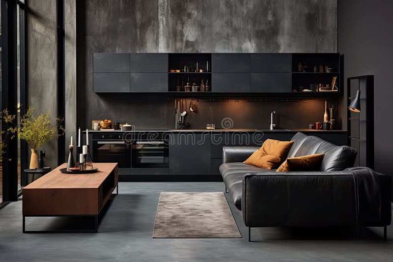 Creative Loft Black Kitchen Studio Inteior with Furniture and ...