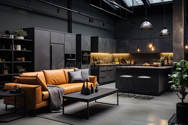 Creative Loft Black Kitchen Studio Inteior with Furniture and ...