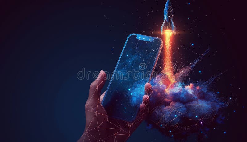 Low-poly Wireframe Illustration of a Smartphone Launching a Rocket into ...