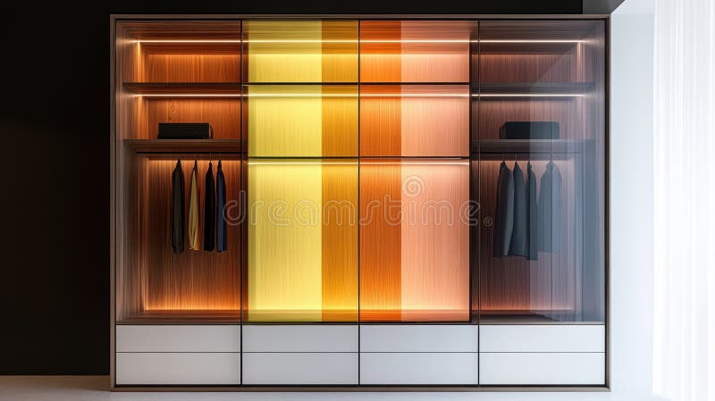 Creative, Luxurious Wardrobe with Translucent, Amber-toned Panels, Lit ...