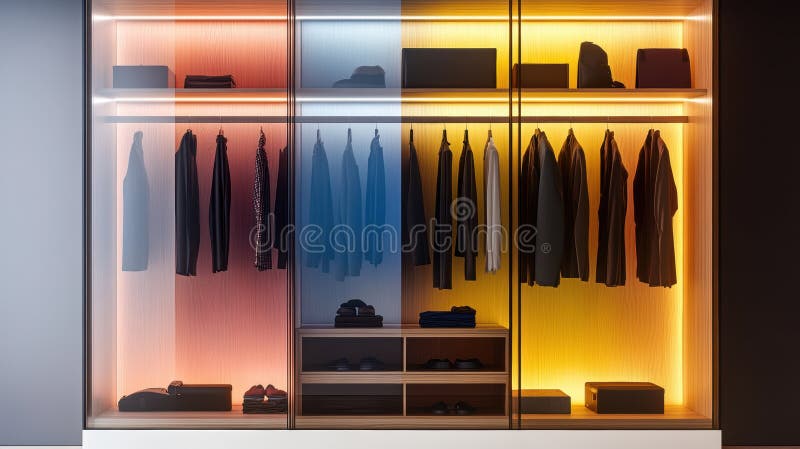 Creative, Luxurious Wardrobe with Translucent, Amber-toned Panels, Lit ...