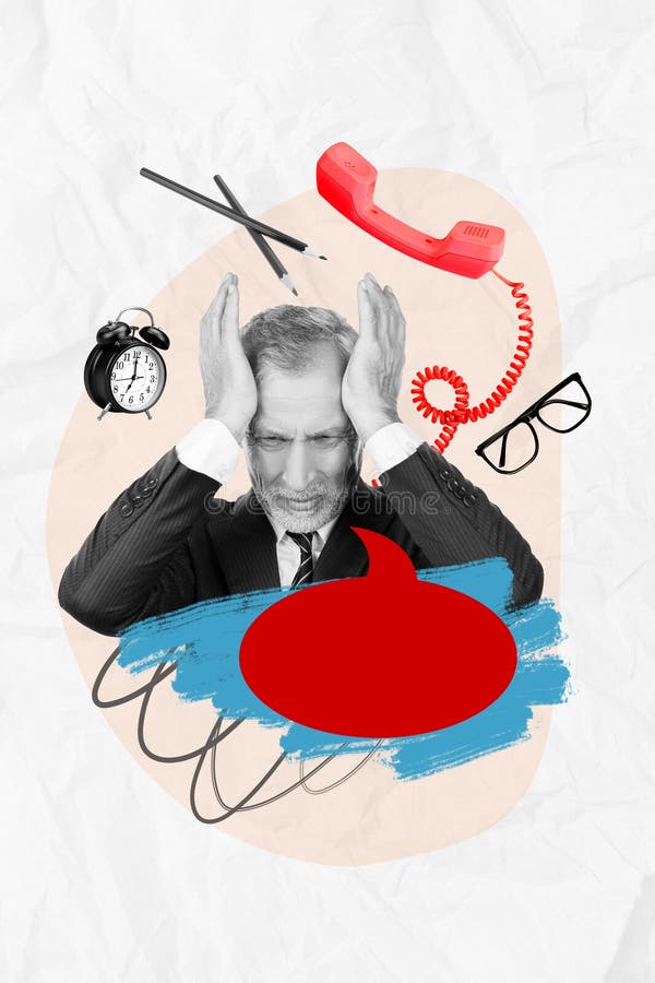 Creative Magazine Collage of Exhausted Employee Man Cover Hands Ears ...