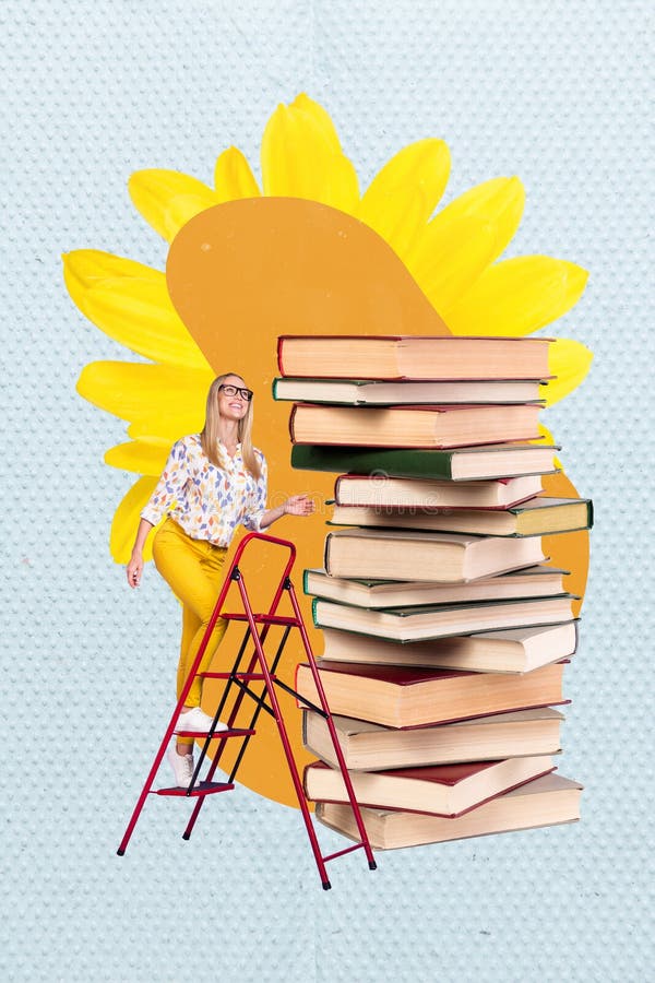 Creative Magazine Collage of Smart Business Lady Climb Ladder Stack ...