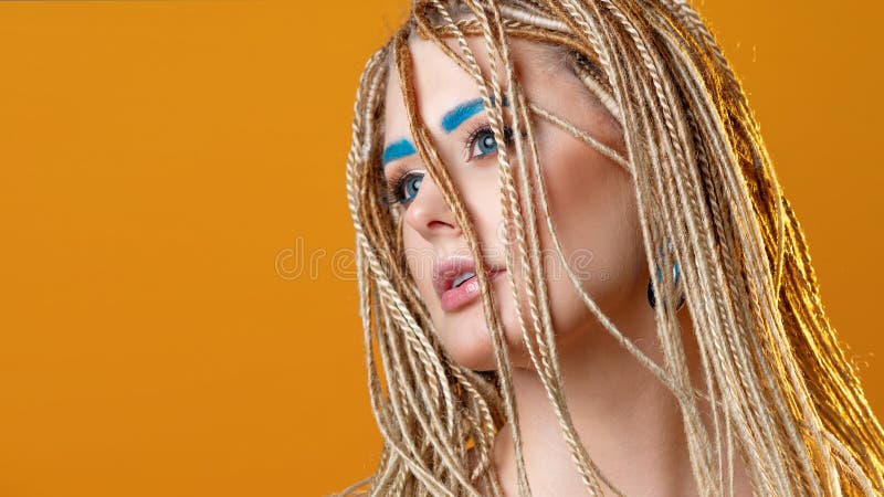 Creative Makeup with Bright Blue Eyebrows and Blue Eyeliner, Stock ...