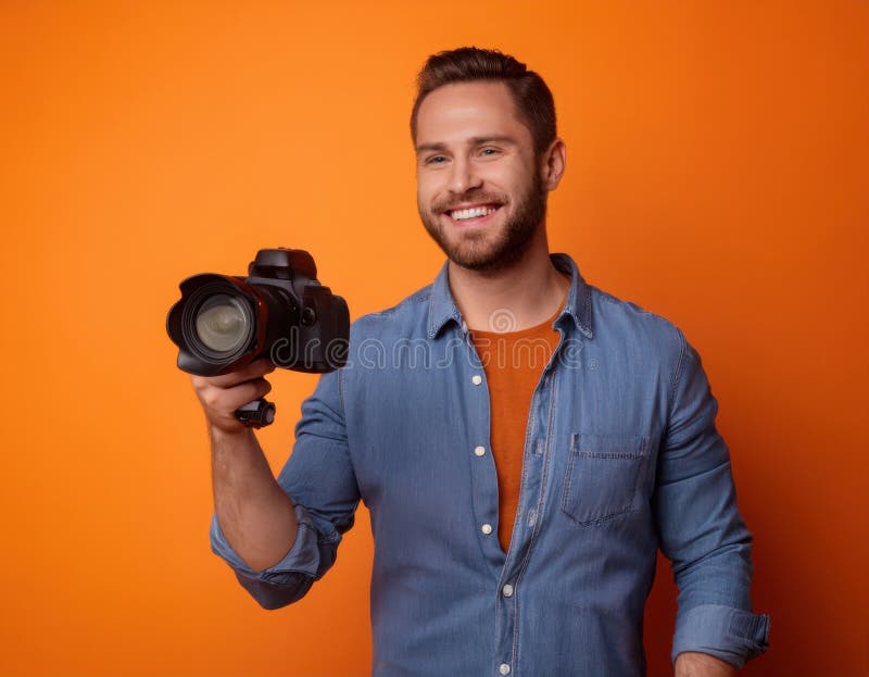 A Creative Male Content Creator in a Casual Outfit, Holding a Camera ...