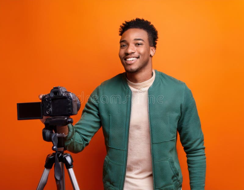 A Creative Male Content Creator in a Casual Outfit, Holding a Camera ...