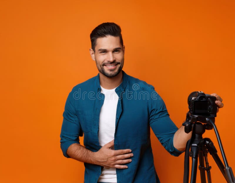 A Creative Male Content Creator in a Casual Outfit, Holding a Camera ...