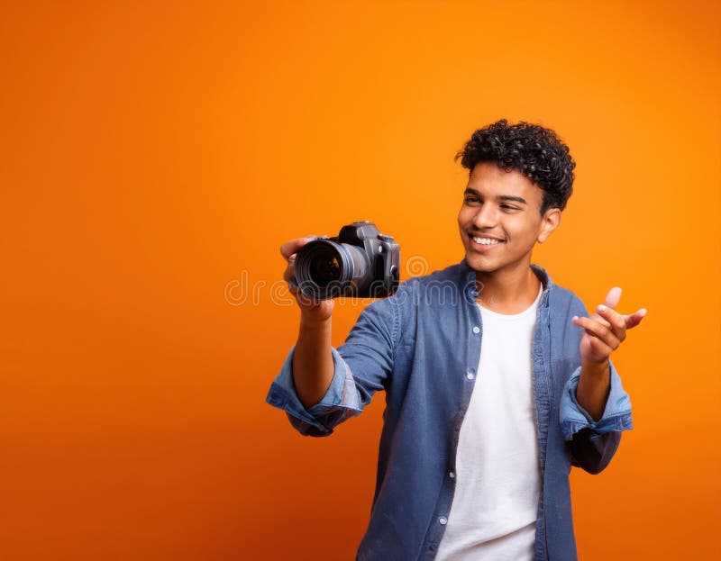 A Creative Male Content Creator in a Casual Outfit, Holding a Camera ...