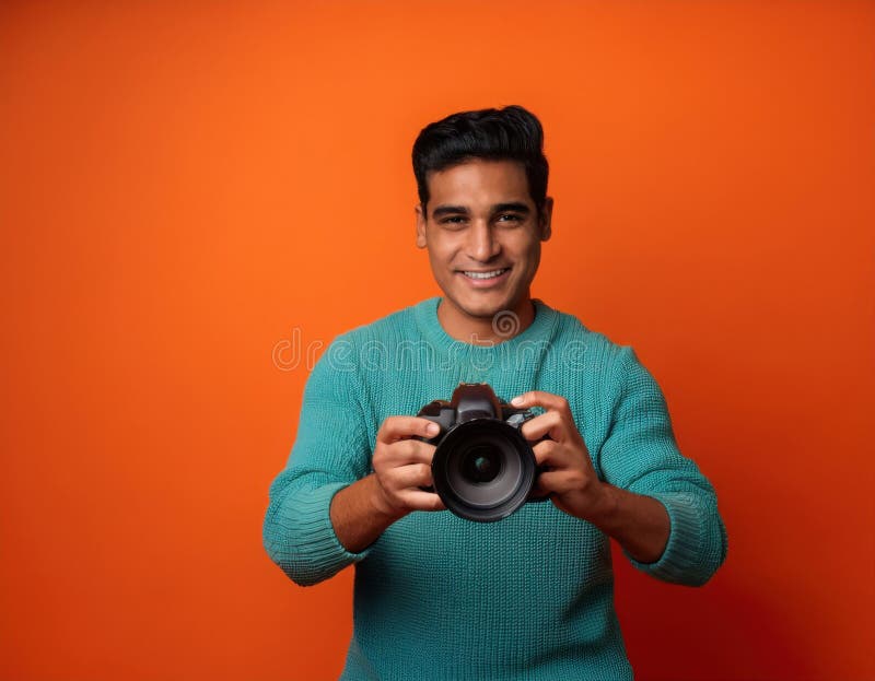 A Creative Male Content Creator in a Casual Outfit, Holding a Camera ...