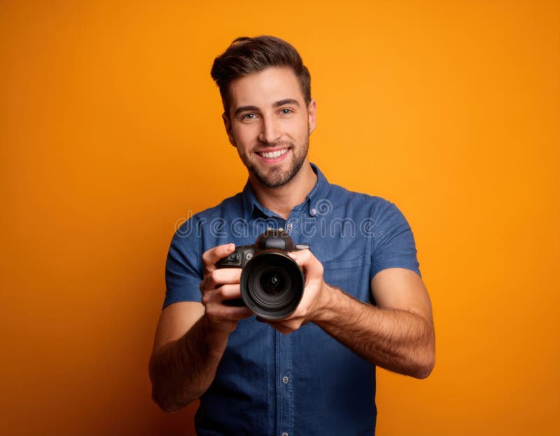 A Creative Male Content Creator in a Casual Outfit, Holding a Camera ...