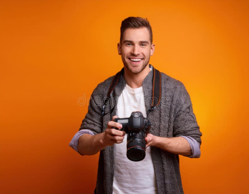 A Creative Male Content Creator in a Casual Outfit, Holding a Camera ...