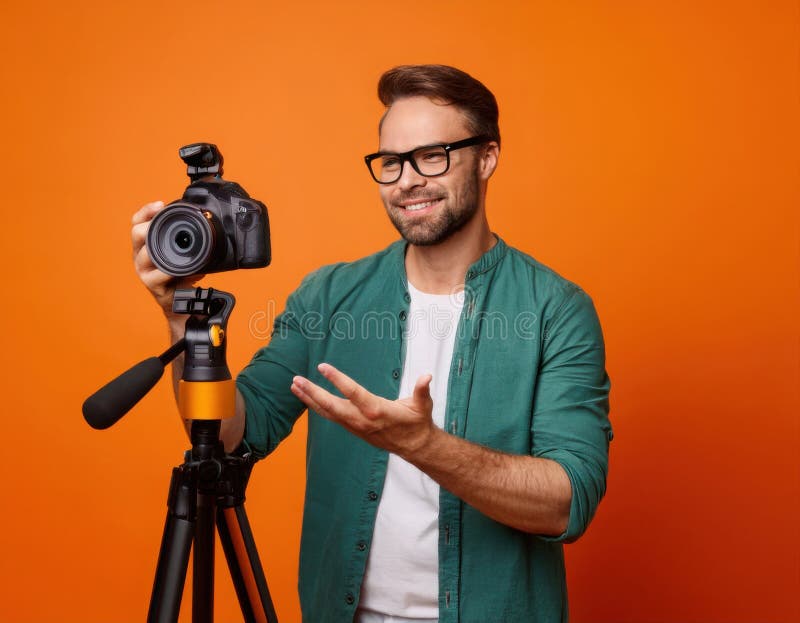 A Creative Male Content Creator in a Casual Outfit, Holding a Camera ...