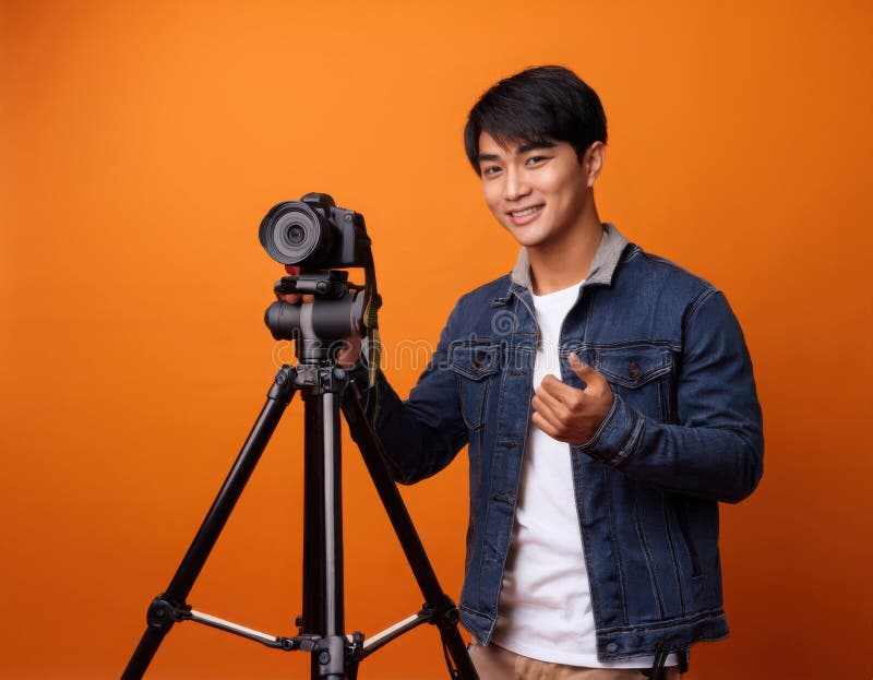 A Creative Male Content Creator in a Casual Outfit, Holding a Camera ...