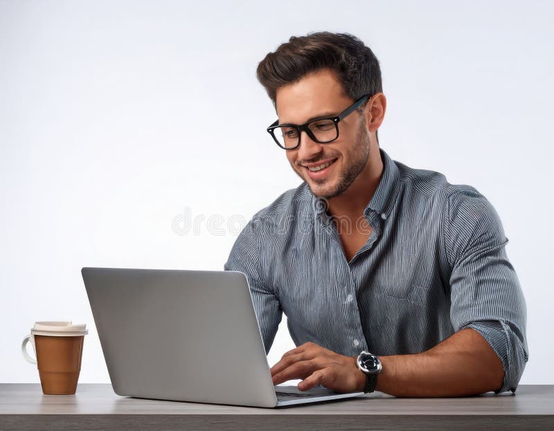 A Creative Male Copywriter in a Casual Shirt, Typing Ideas on a Laptop ...