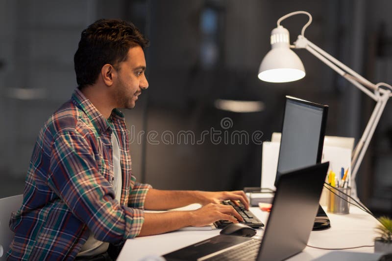 Creative Man with Computer Working at Night Office Stock Photo - Image ...