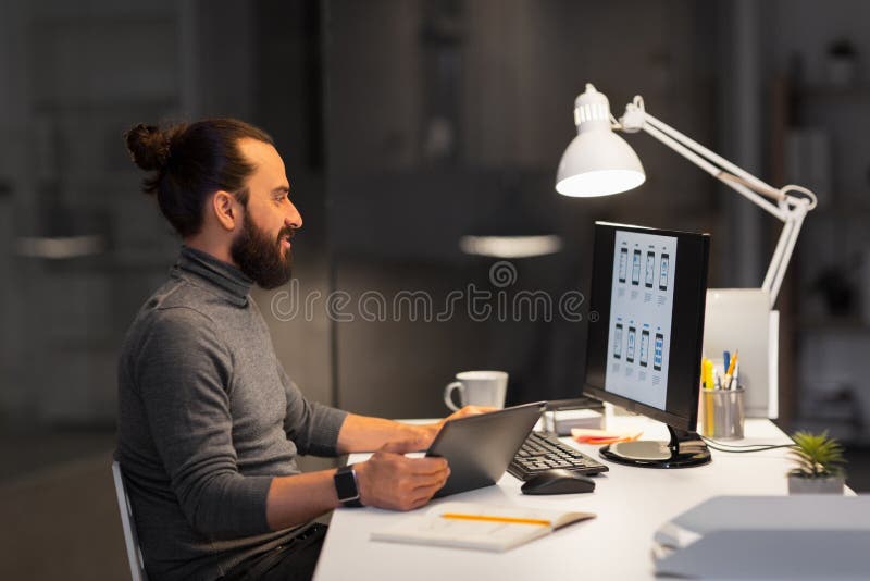 Creative Man with Computer Working at Night Office Stock Image - Image ...