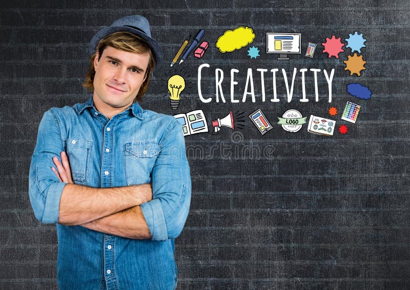 Creative Man with Creativity Text with Drawings Graphics Stock ...