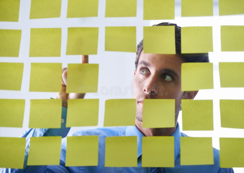 Creative Man, Face and Thinking, Pointing To Sticky Note in Schedule ...