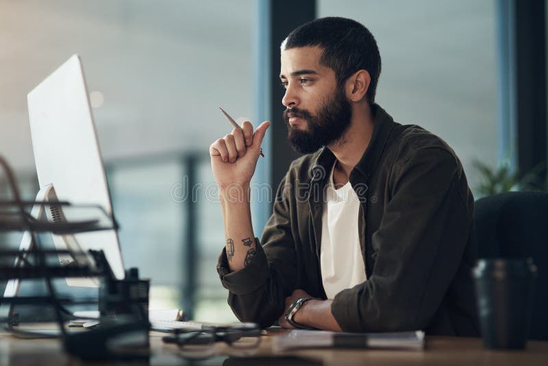 Creative, Man or Graphic Designer Reading on Computer in Startup for ...