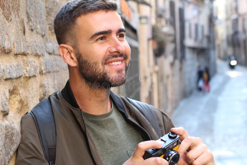 Creative Man Looking at a Possible Shot with Copy Space Stock Photo ...